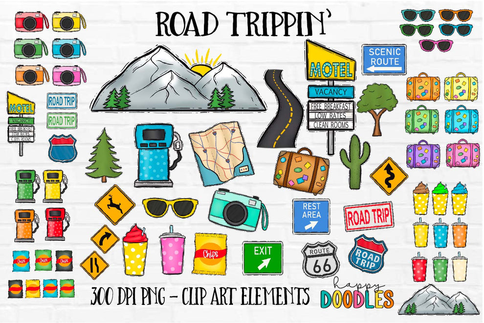 Road Trip Bundle - Hand Drawn Commercial Use Clipart Graphics – Happy ...